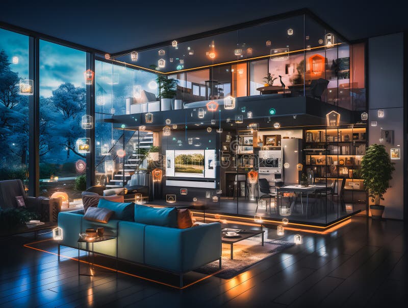 Smart Home Concept. Smart Home. Home Automation. Pop-up Apps on Walls ...