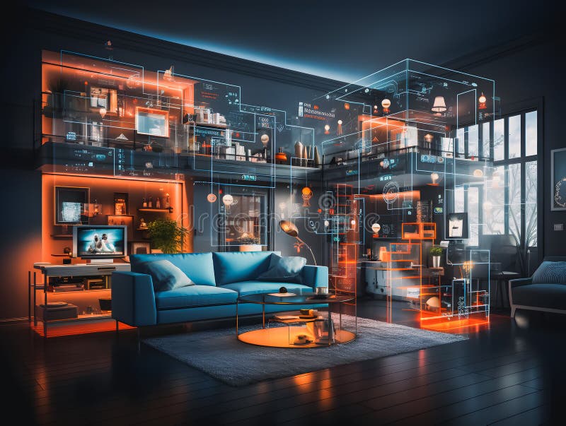 Smart Home Concept. Smart Home. Home Automation. Pop-up Apps on Walls ...