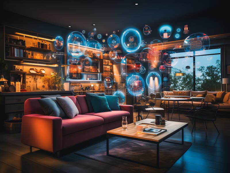 Smart Home Concept. Smart Home. Home Automation. Pop-up Apps on Walls ...