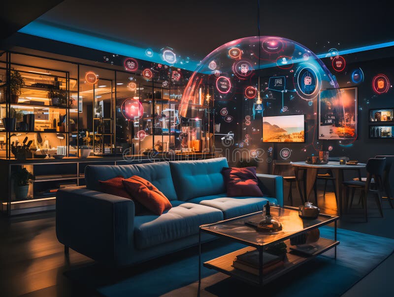 Smart Home Concept. Smart Home. Home Automation. Pop-up Apps on Walls, Home of the Future ...