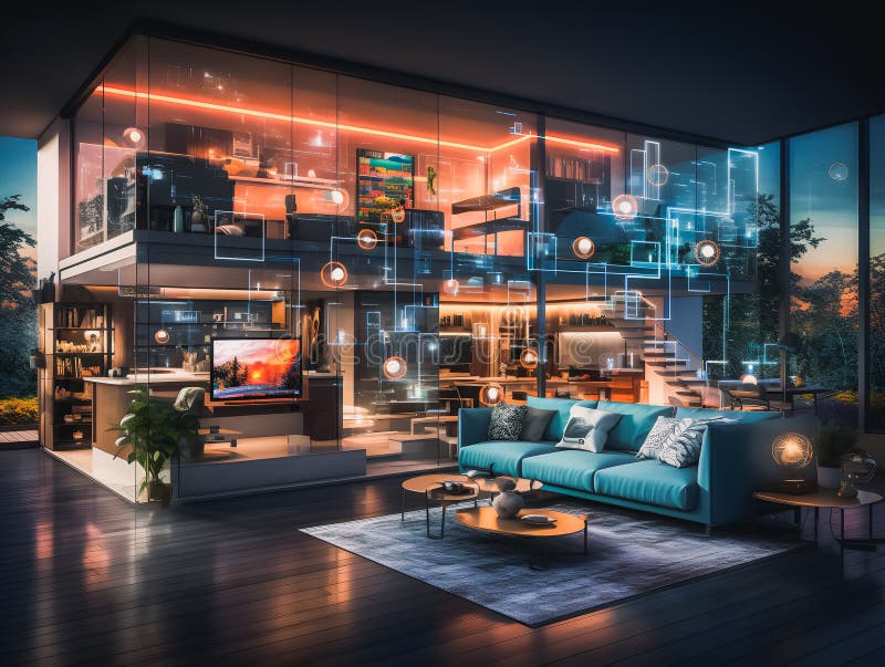 Smart Home Concept. Smart Home. Home Automation. Pop-up Apps on Walls ...