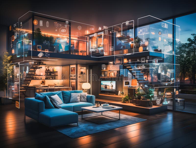 Smart Home Concept. Smart Home. Home Automation. Pop-up Apps on Walls ...