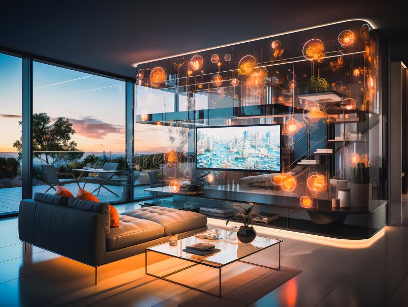 Smart Home Concept. Smart Home. Home Automation. Pop-up Apps on Walls ...