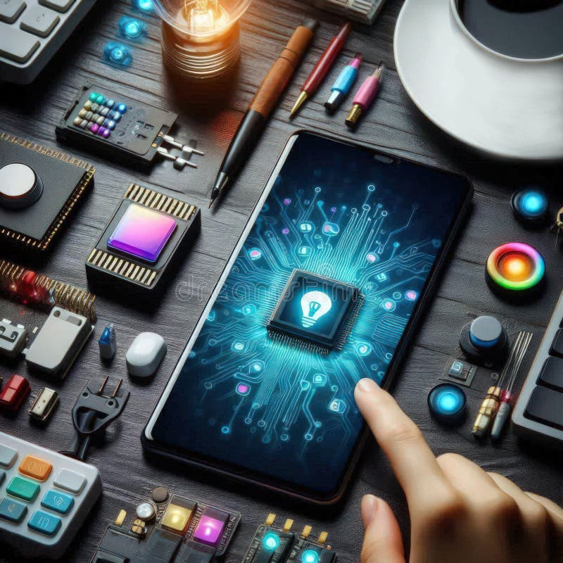 Smart Home Concept. Cell Phone, Chips and Bulbs Stock Illustration ...