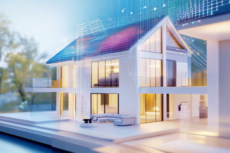 Smart Home Concept with Digital Blueprint, Futuristic Architecture, and ...