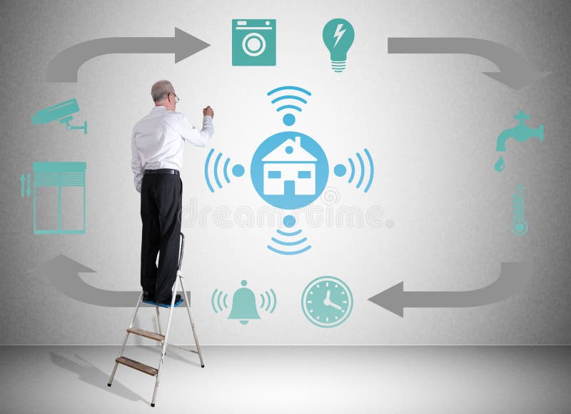 Smart Home Concept Drawn by a Man on a Ladder Stock Photo - Image of ...