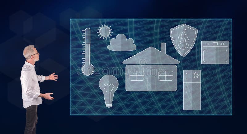 A Smart Home Concept Explained by a Businessman on a Wall Screen Stock ...