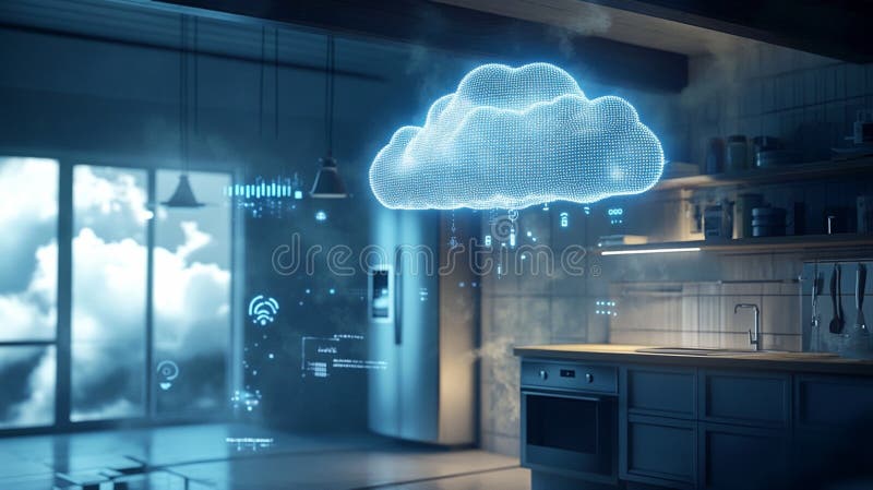 Modern Smart Kitchen Interior Cloud Computing Digital Network Technology Home Automation IoT ...