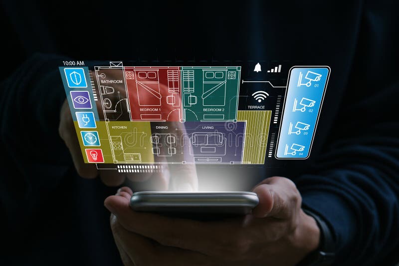 Smart Home Concept.Hand of Man Using Smart Home Control App on Mobile ...