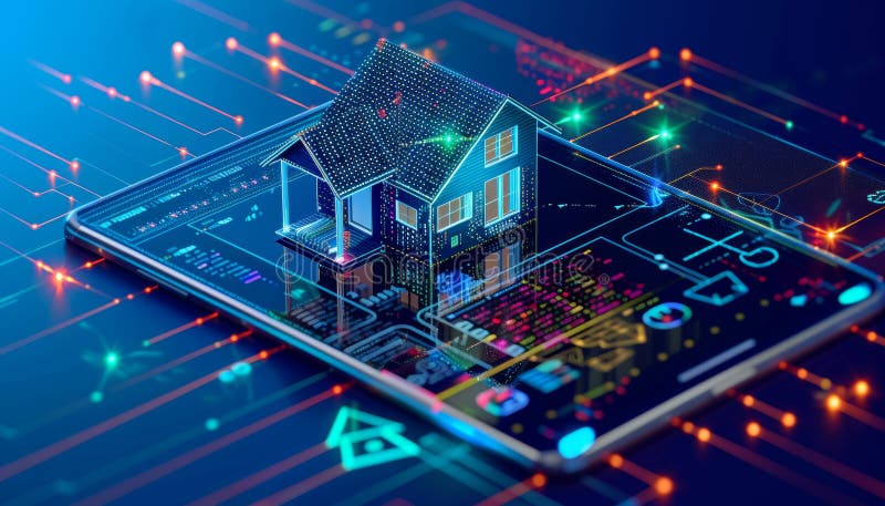 Smart Home Concept House on Phone Screen with Wireless Connections To ...