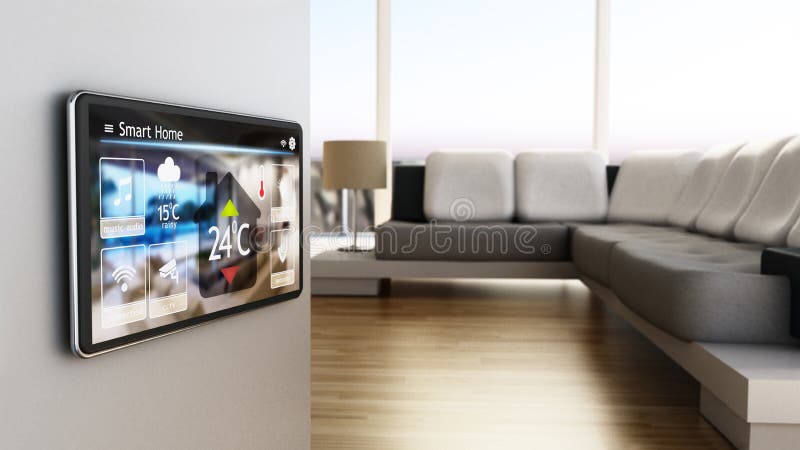 Smart Home Concept. Tablet with Smart Home Controls on the Wall of the ...