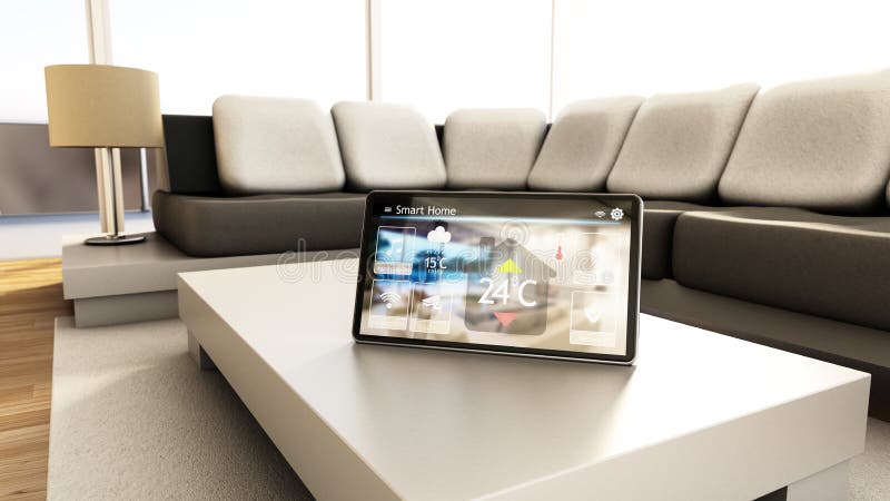Smart Home Concept. Tablet with Smart Home Controls on the Wall of the ...