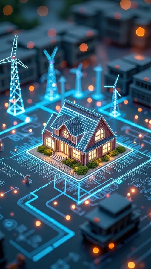 Smart Home Concept with Wind Turbines and Circuit Board Design at Night ...