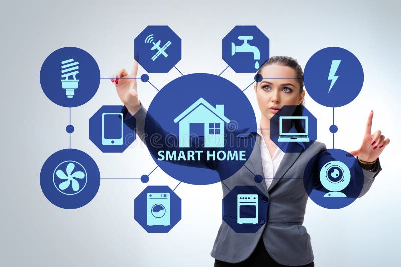 Smart Home Concept with Woman Stock Image - Image of icon, connected ...