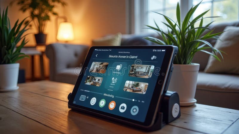 Smart Home Control Dashboard on Tablet in Cozy Living Room with Plants ...