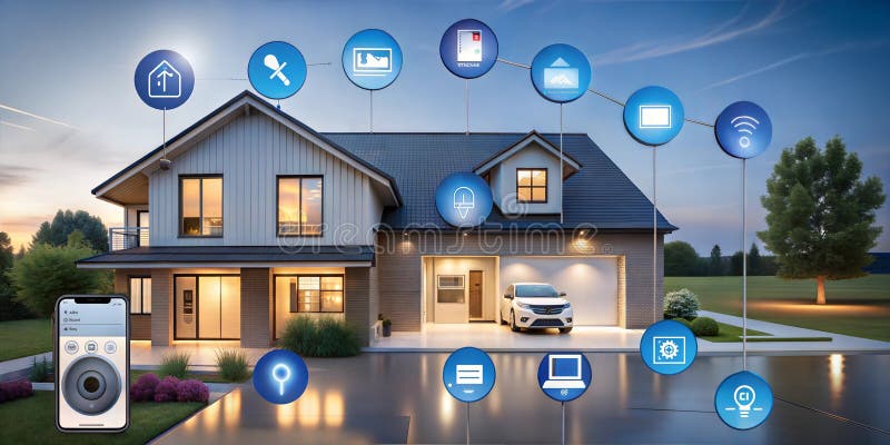 Smart Home Automation Icons Displayed Around Cottage in Diagram Stock ...