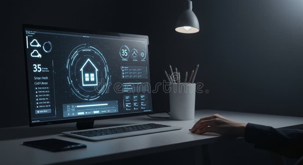 Smart Home Control Interface on Desktop Computer at Night Stock ...