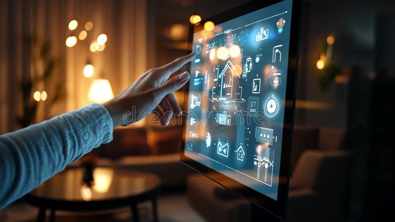 Smart Home Control Interface Displayed on a Large Screen in a Dimly Lit ...