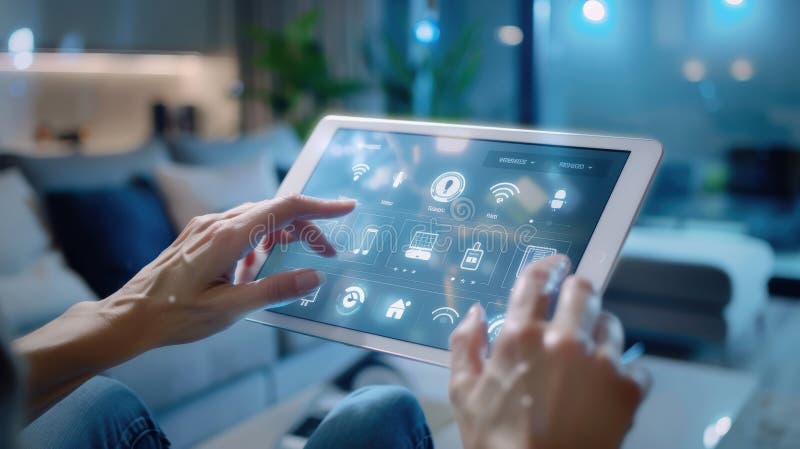 Smart Home Control Interface Displayed on Tablet in Modern Living Room ...