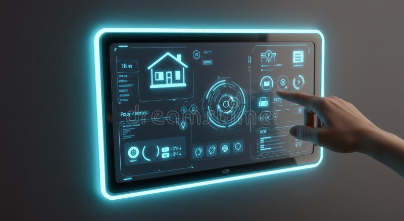 Smart Home Control Interface Hand Interacting with a Futuristic Smart ...
