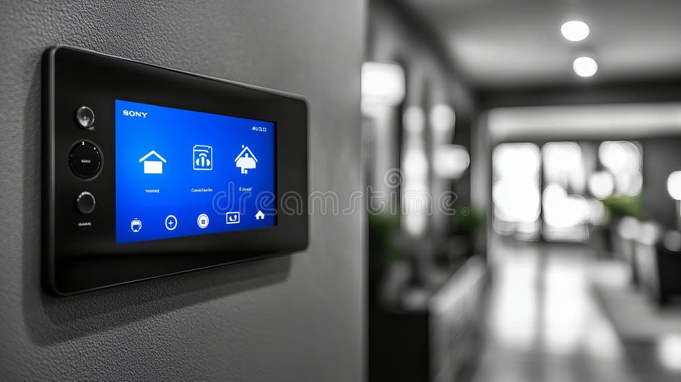 Smart Home Control Panel with Blue Display in Modern Interior Stock ...