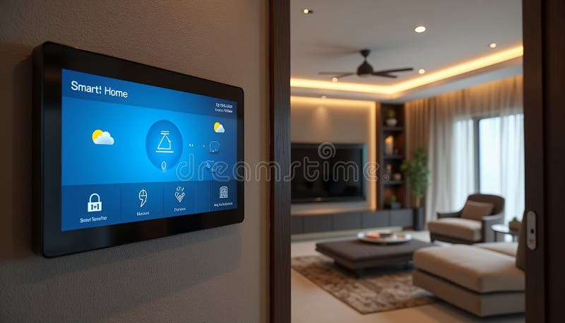 Smart Home Control Panel with Blue Interface in Modern Interior Design ...