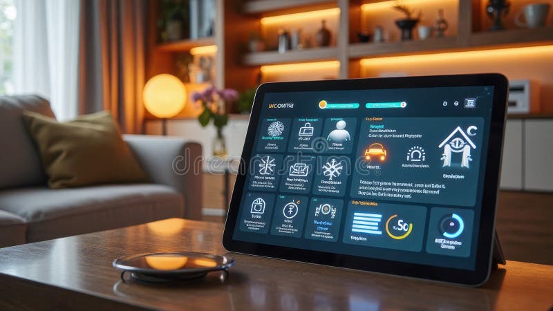 Smart Home Control Panel on Coffee Table in Modern Living Room Stock ...