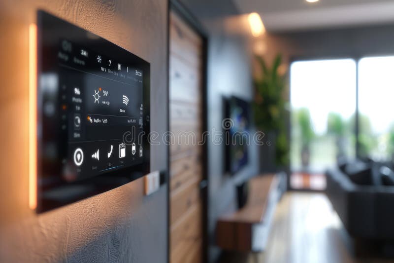 Smart Home Control Panel Display on Wall in Modern Living Room Stock ...