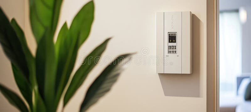 Smart Home Control Panel Mounted on Wall with Green Plant in Foreground ...