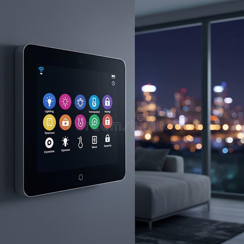 Smart Home Control Panel Modern Interface Night City View Stock Photos ...