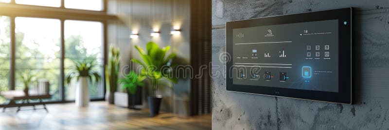 The Smart Home Control Panel on a Modern Wall Displays Options for ...