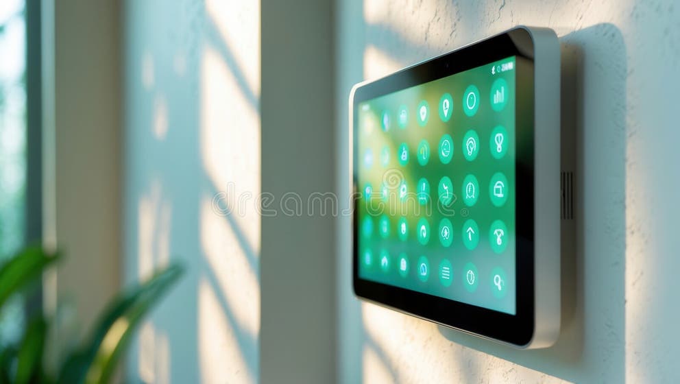 Smart Home Control Panel Mounted on a Wall with Illuminated Interface ...