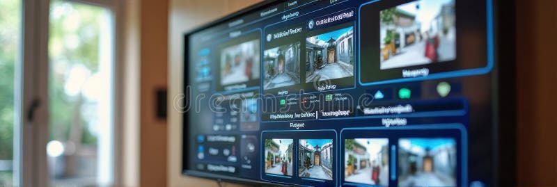 Smart Home Control Panel with Multiple Security Camera Feeds Displayed ...
