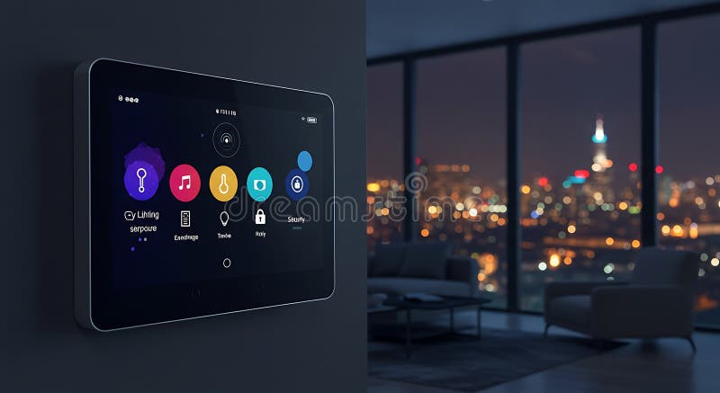 Smart Home Control Panel Night City View Sleek Interface Stock Photos ...