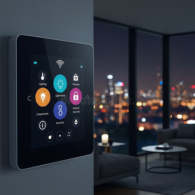 Smart Home Control Panel: Night Cityscape, Modern Interface Stock Photo ...