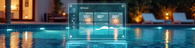 Smart Home Control Panel by Poolside at Night Displaying Weather and ...