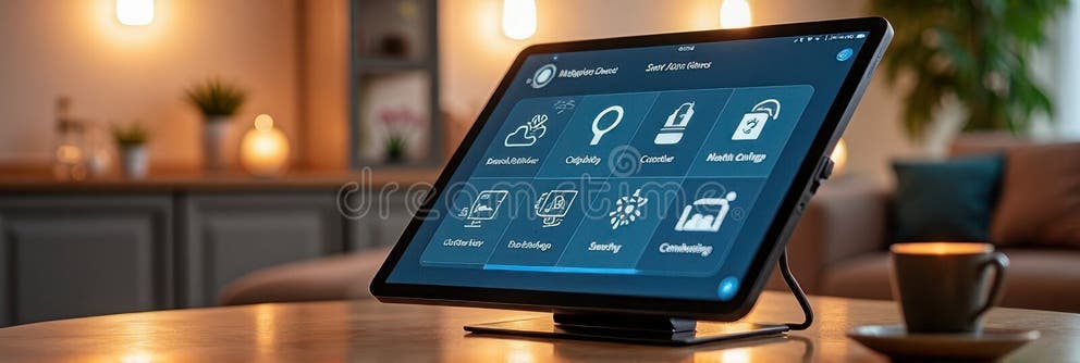Smart Home Control Panel on Tablet in Cozy Living Room Setting Stock ...