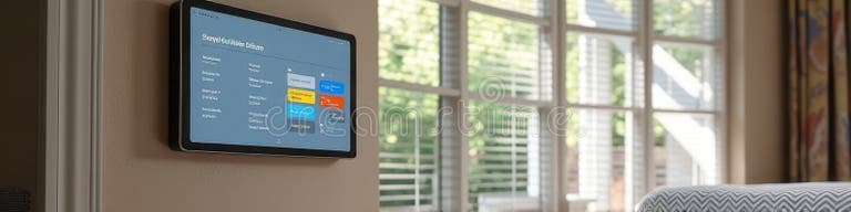 Smart Home Control Panel on Wall by Large Window in Modern Living Room ...