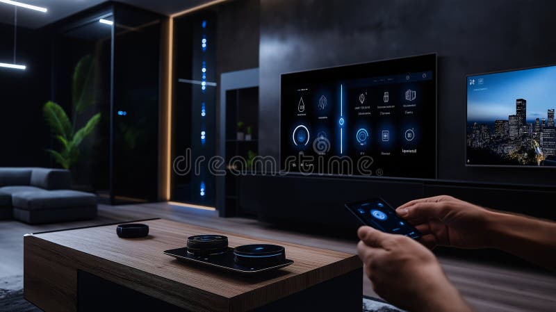 Smart Home Control System Displayed on Screens with Mobile Control ...