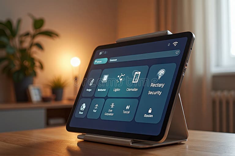 Smart Home Control System Displayed on Tablet in Cozy Living Room Stock ...