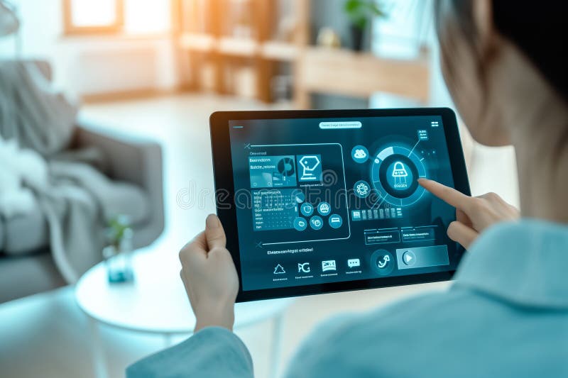 Smart Home Control System, Woman Interacting with Tablet Interface ...