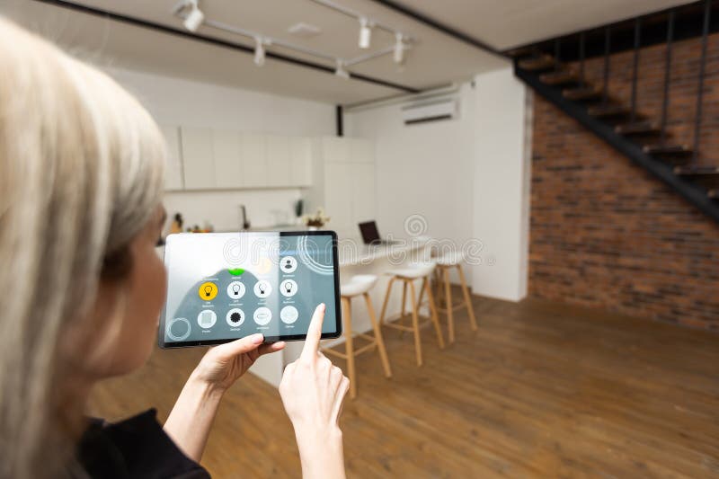 Smart Home Control on Tablet. Interior of Living Room in the Background ...