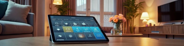 Smart Home Control Tablet on Wooden Table in Modern Living Room Setting ...