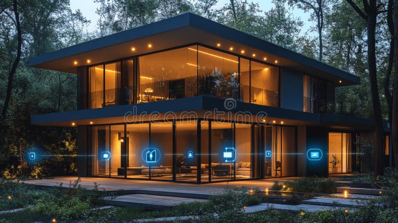 Smart Home Dashboard with CCTV Cameras at Dusk Surrounded by a Serene ...