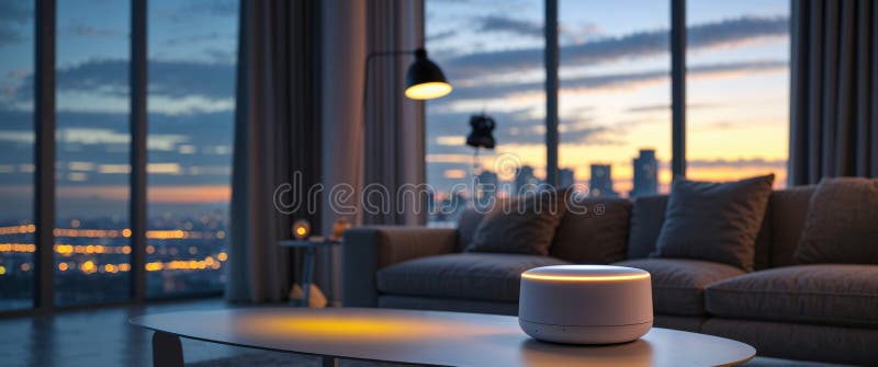 Smart Home Device with Ambient Lighting in a Modern Urban Setting ...