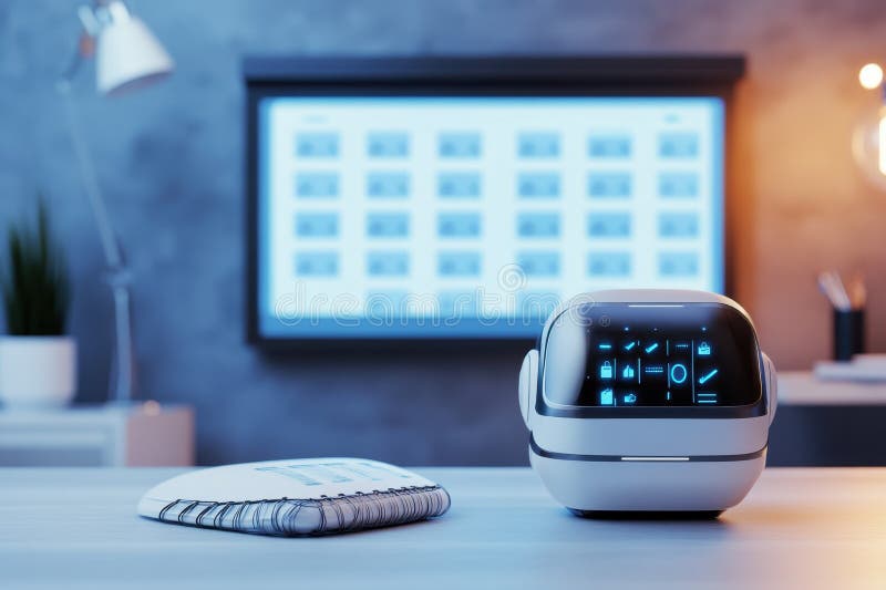 Smart Home Device on Desk with Digital Display in Modern Workspace at ...