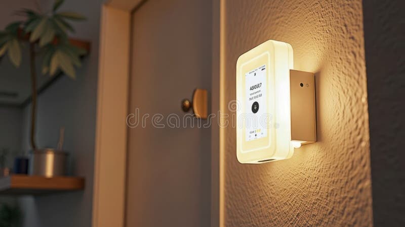 Smart Home Device with Glowing Display Mounted on Wall in Modern ...