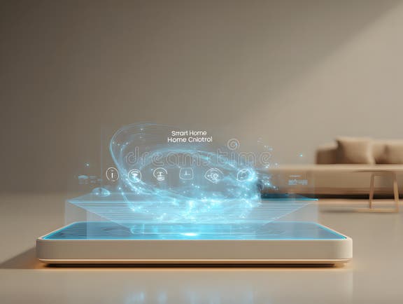 A Smart Home Device Projects a Vibrant Blue Control Interface ...