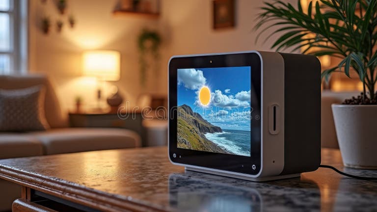 Smart Home Device with Scenic Display in Cozy Living Room Setting Stock ...