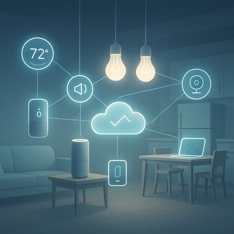 Smart Home Devices Connected in Network, Featuring Digital Assistant ...